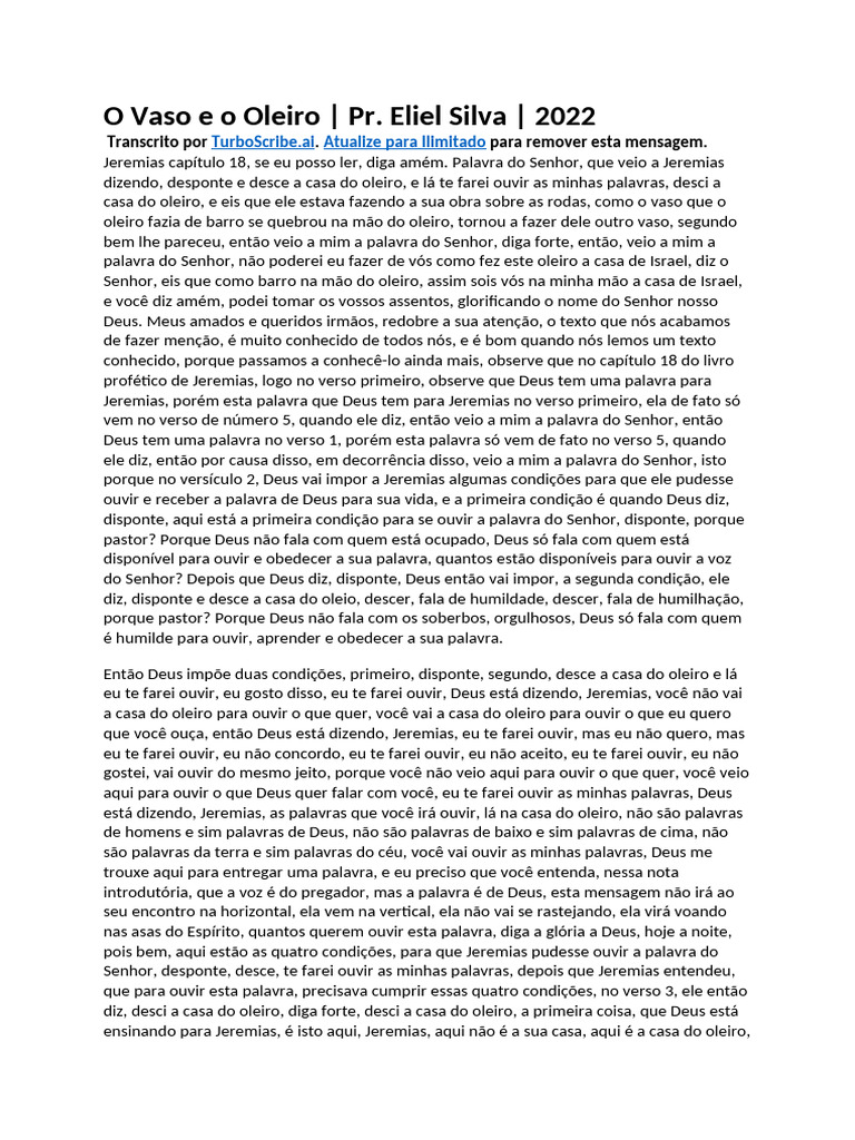 O Vaso e o Oleiro | Pr. Eliel Silva | 2022 | PDF | Jeremias | Deus