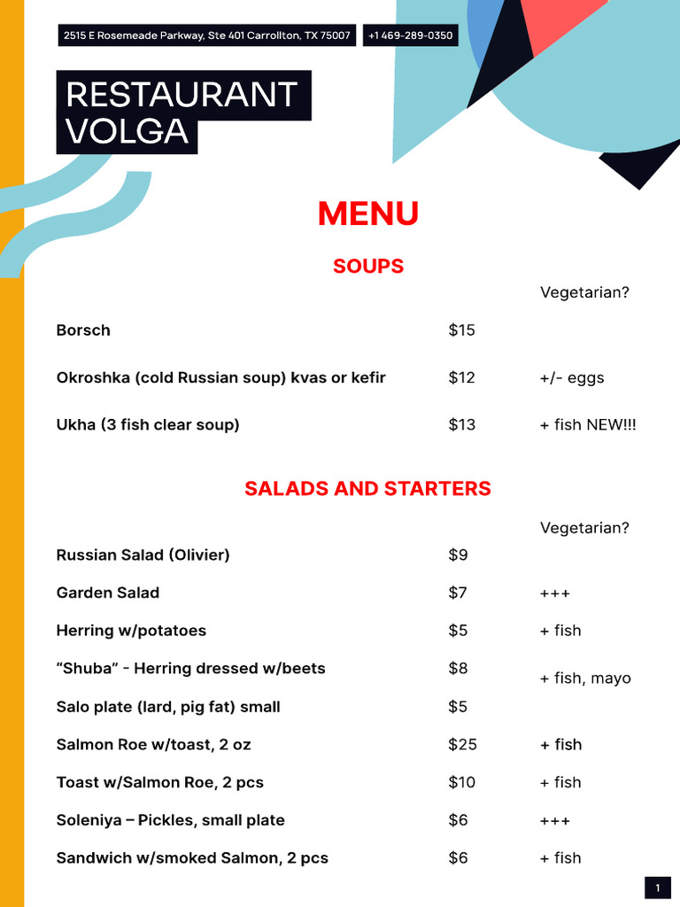 Volga Menu-1 | PDF | Food And Drink | European Cuisine