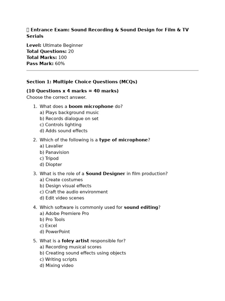 Sound Recording Exam for Film & TV | PDF