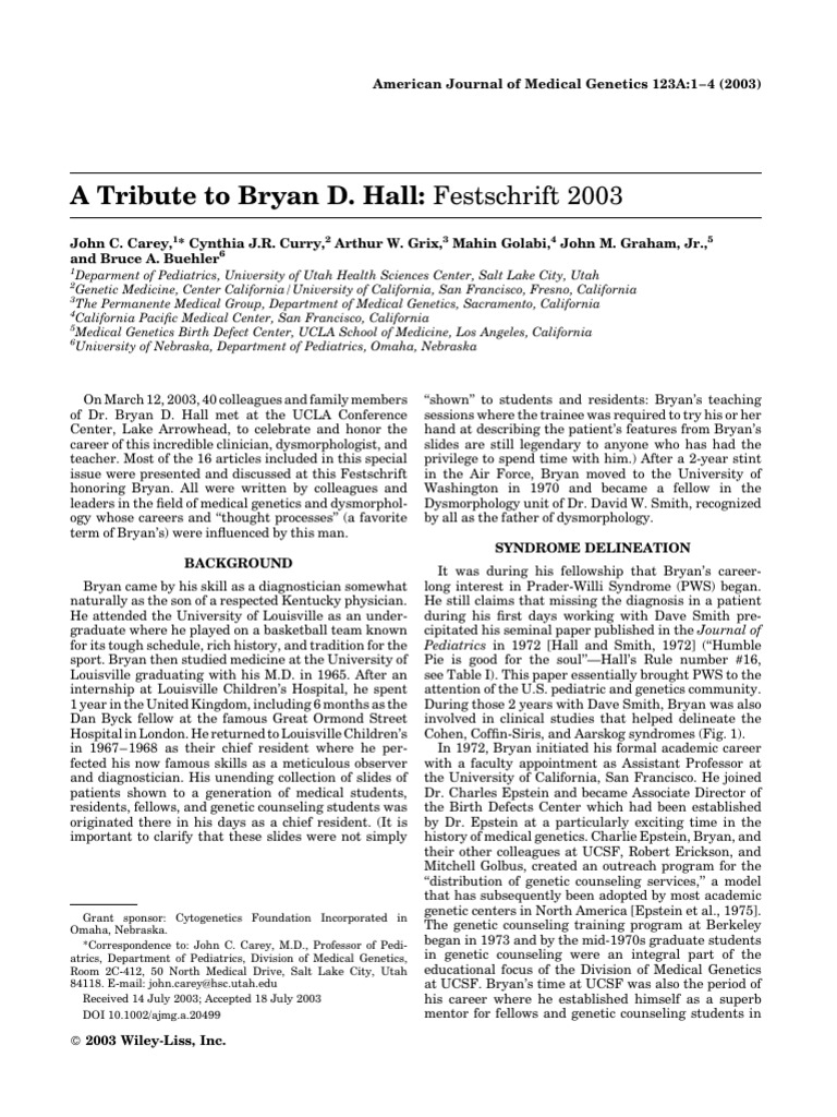 Tribute to Dr. Bryan D. Hall | PDF | Medical Diagnosis | Medical Genetics