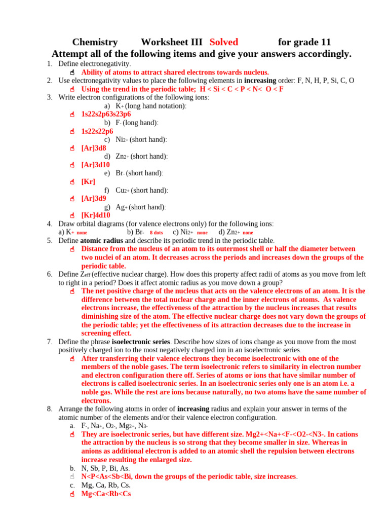 Grade 11 Chemistry Worksheet Solutions | PDF | Chemistry | Chemical ...