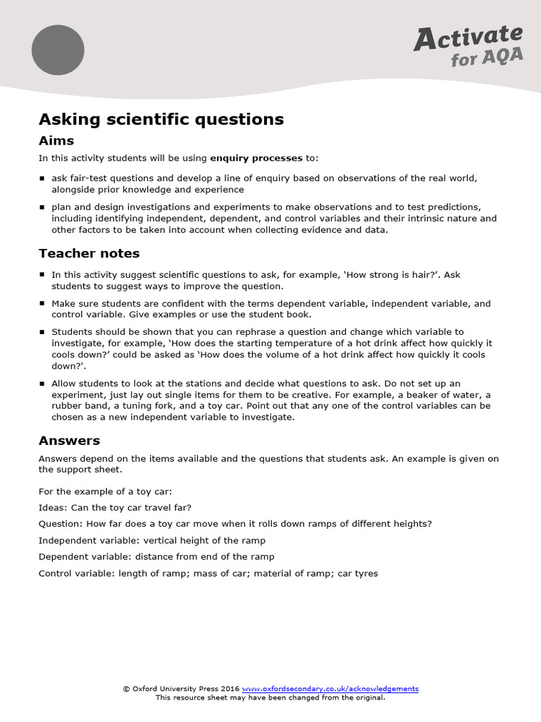 Asking Scientific Questions Worksheet Answers | PDF | Experiment