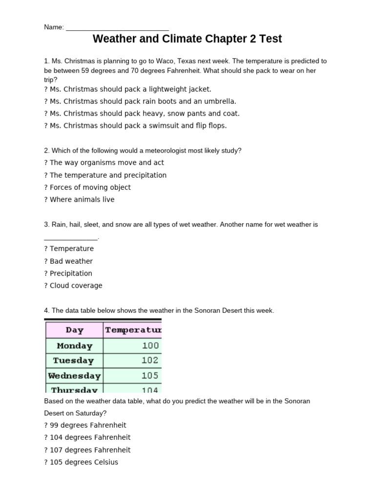 Weather and Climate Chapter 2 Test | PDF | Fahrenheit | Meteorology