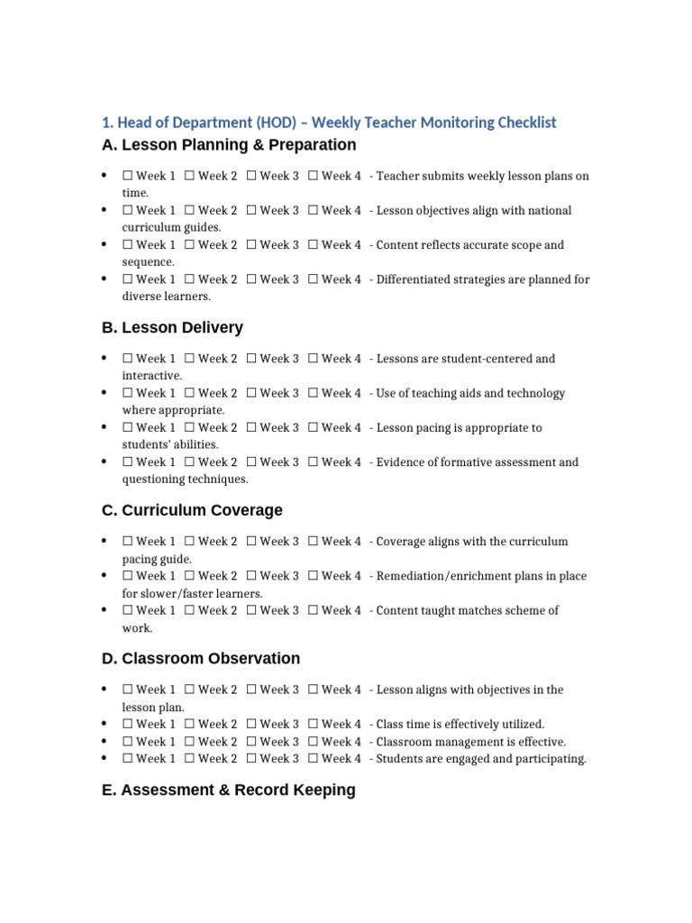 Weekly Teacher Monitoring Checklist | PDF | Lesson Plan | Teachers