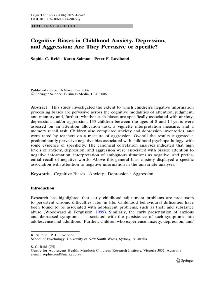 Cognitive Biases in Childhood Anxiety, Depression, and Aggression | PDF ...