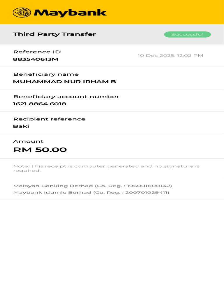 Third Party Transfer Receipt - RM 50.00 | PDF
