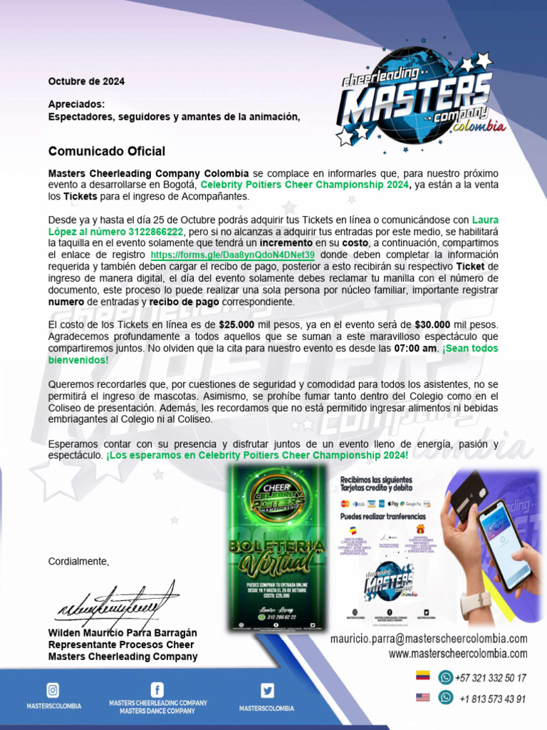 Masters Cheerleading Company - Comunicado Oficial - Tickets Celebrity ...
