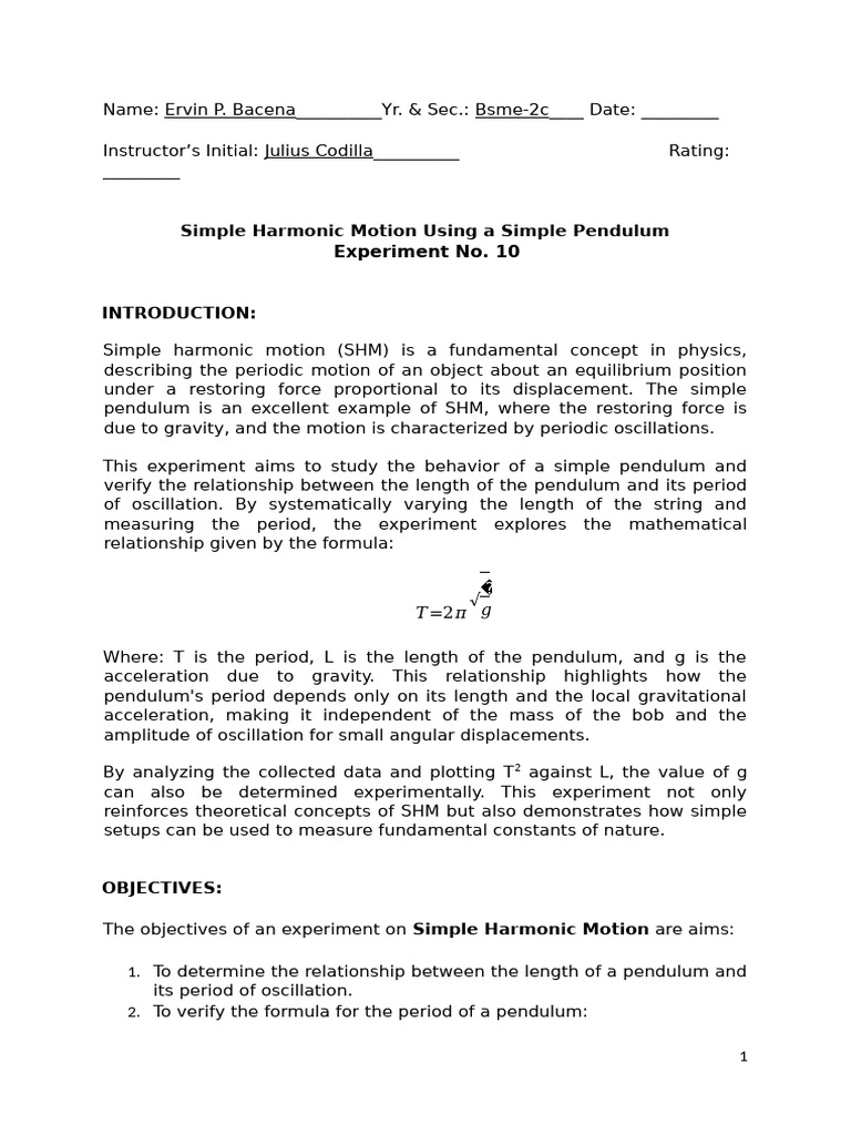 Simple Pendulum SHM Experiment Guide | PDF | Pendulum | Oscillation