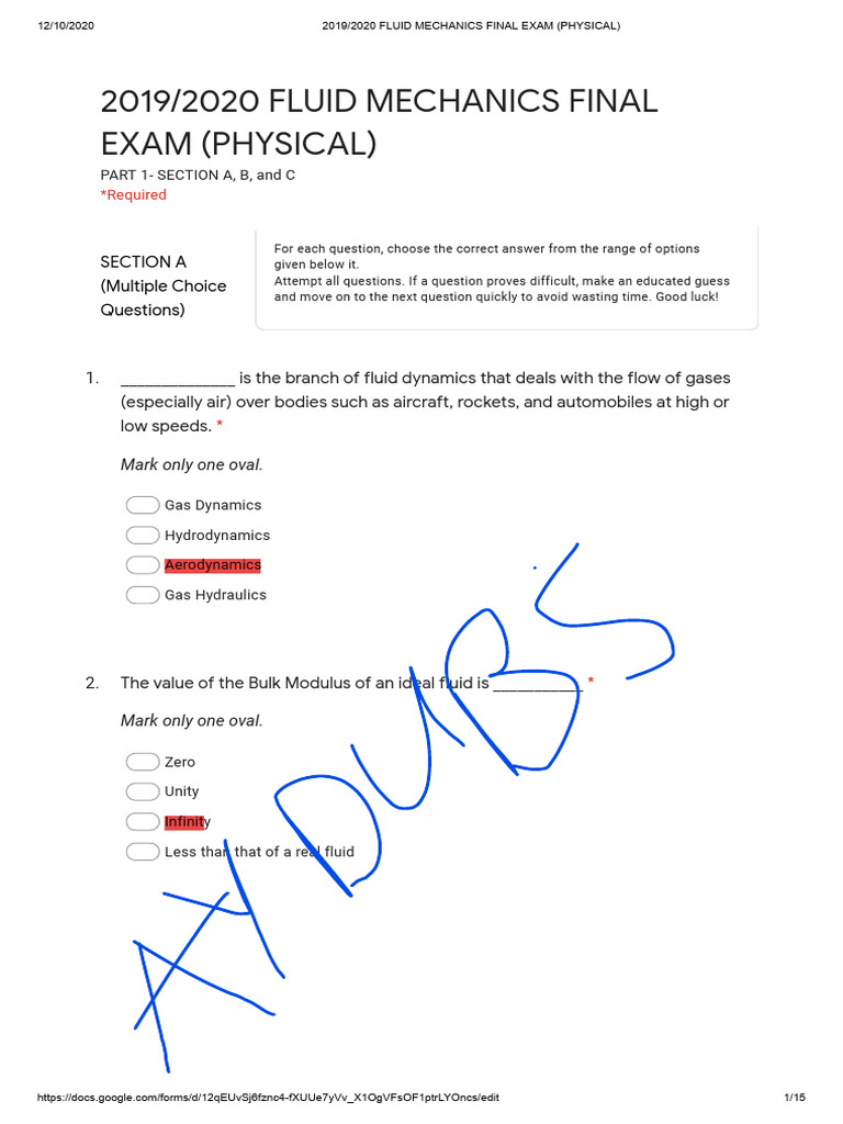 Fluid Mechanics Final Exam 2019-2020 | PDF | Fluid Mechanics | Fluid ...