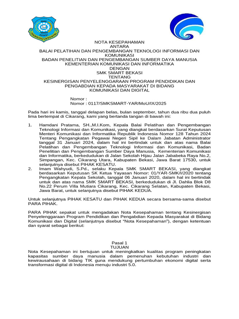 [Template] Mou Bpptik - Forum Komunikasi Smks Smart Kab Bekasi | PDF