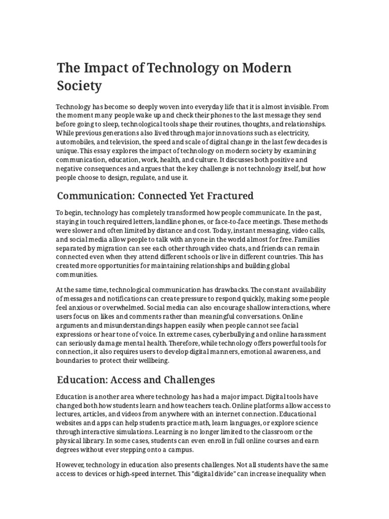 The Impact of Technology On Modern Society | PDF | Automation