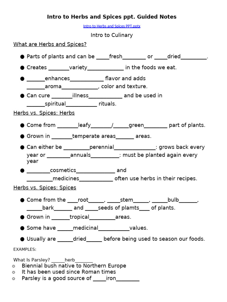 Intro To Herbs and Spices PPT Guided Notes | PDF | Coriander | Black Pepper
