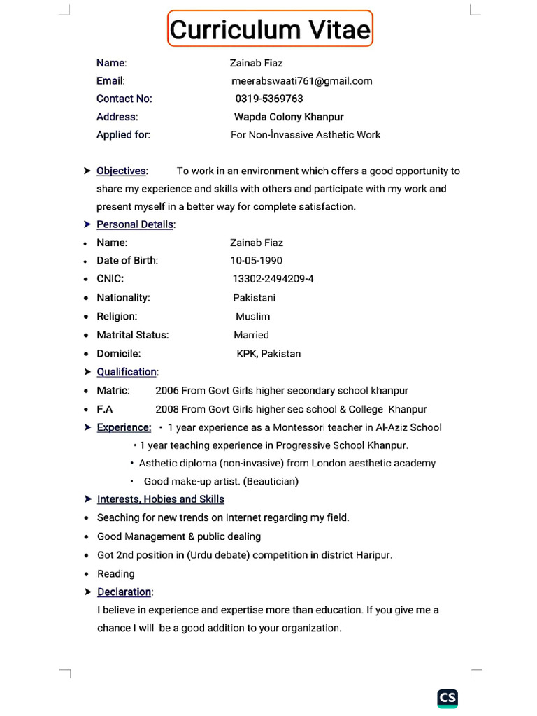 CV Zainab Fiaz | PDF