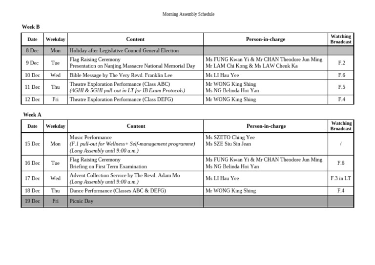 Assembly Schedule (8 Dec - 19 Dec) | PDF | Hong Kong