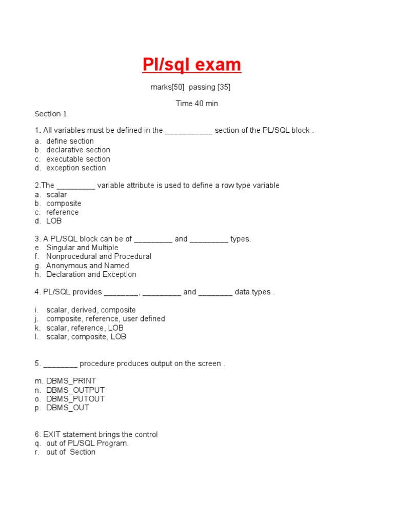 Final Questions MCQ | PDF | Pl/Sql | Sql