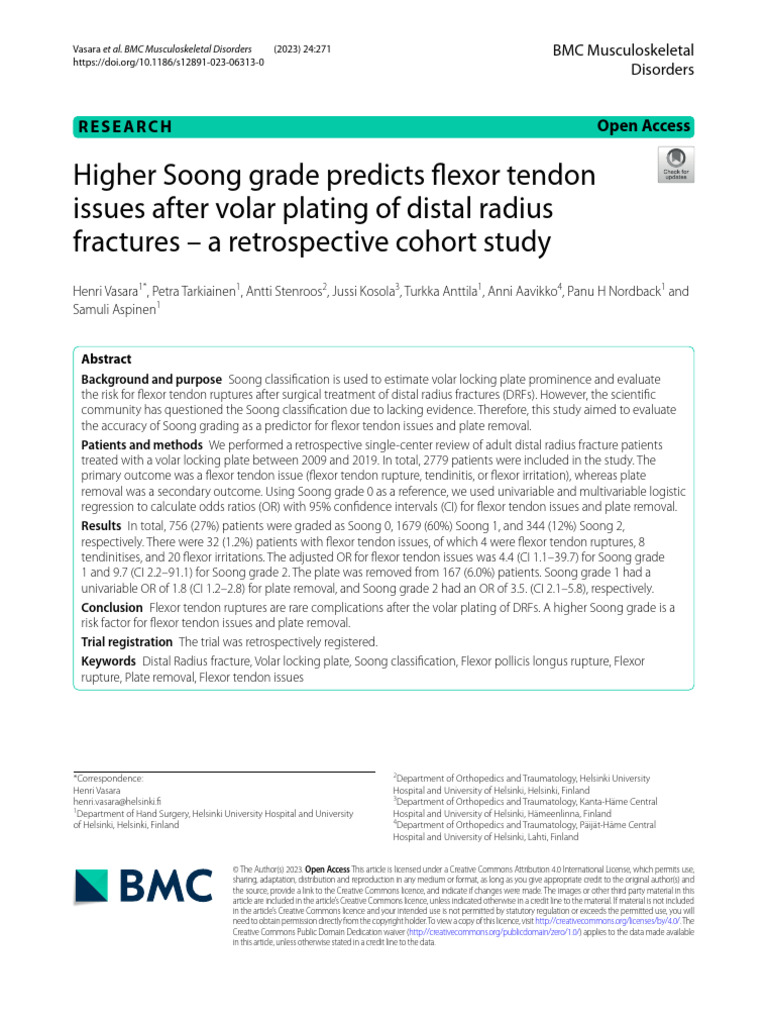 Higher Soong Grade Predicts Flexor Tendon Issues After Volar Plating of ...