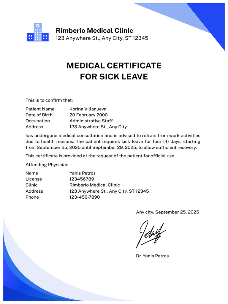 Blue White Modern Minimalist Medical Certificate For Sick Leave A4 ...