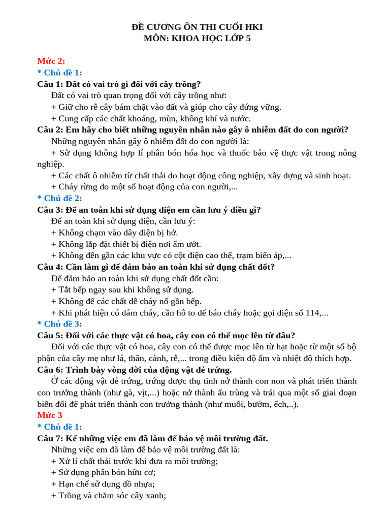 De Cuong Khoa Hoc Lop 5 Hki | PDF