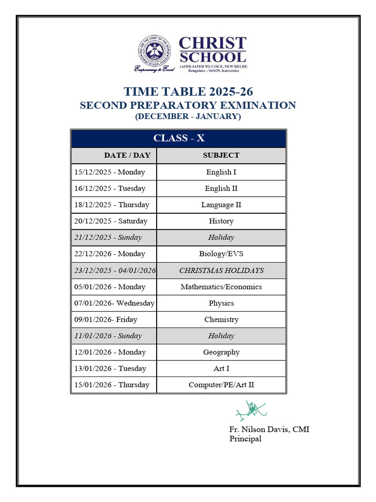 Class X Exam Timetable 2025-26 | PDF