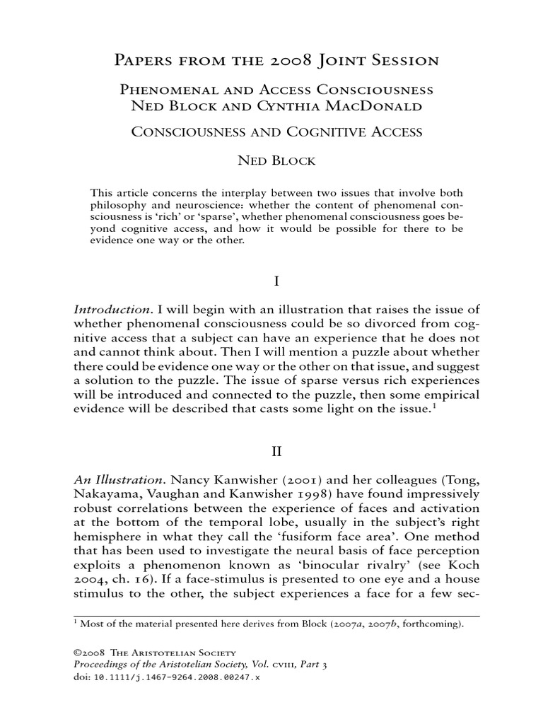 Phenomenal vs. Access Consciousness | PDF | Consciousness | Working Memory