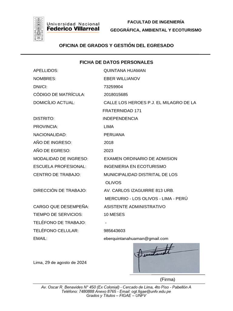 Datos Personales de Eber Quintana | PDF