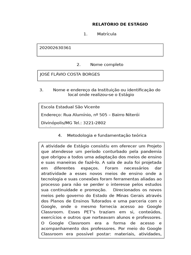 Modelo Relatório Estágio Licenciatura | PDF | Aprendizado