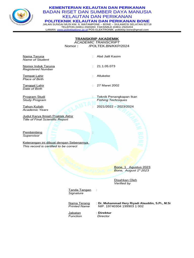 Transkrip Akademik Tpi c Angk Vi-1 | PDF