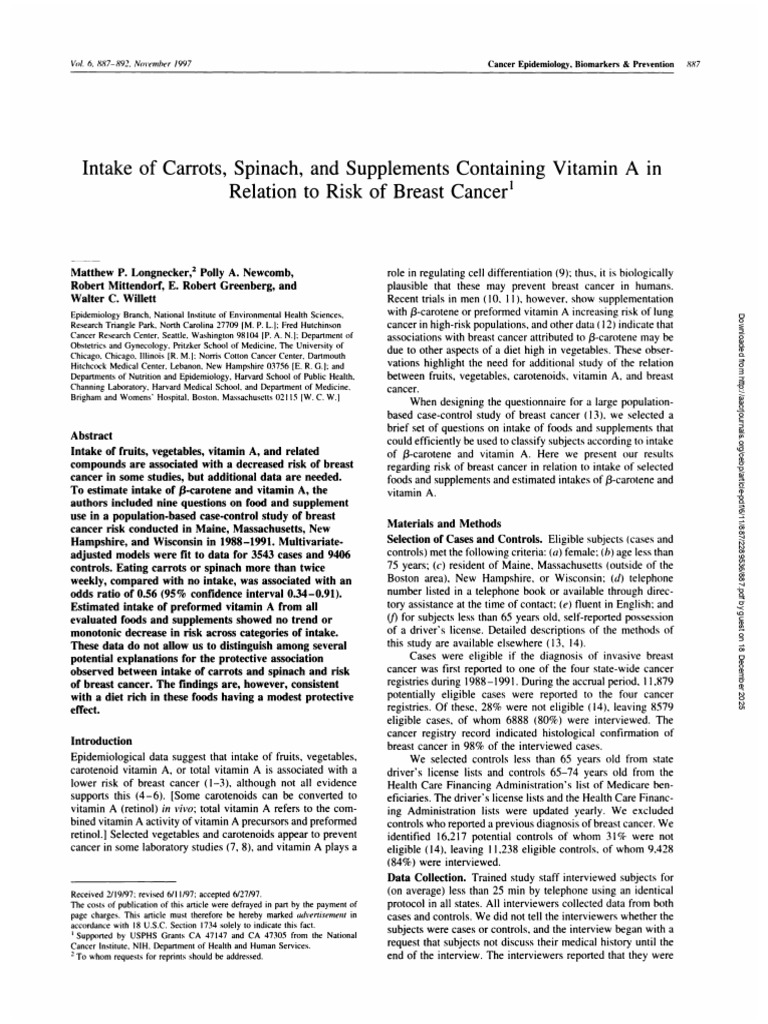 Intake of carrots, spinach, and supplements containing vitamin A in ...
