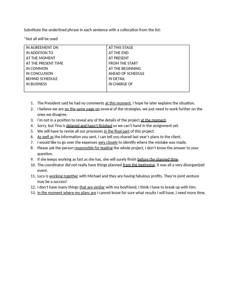 Collocation Substitution Exercise Guide | PDF