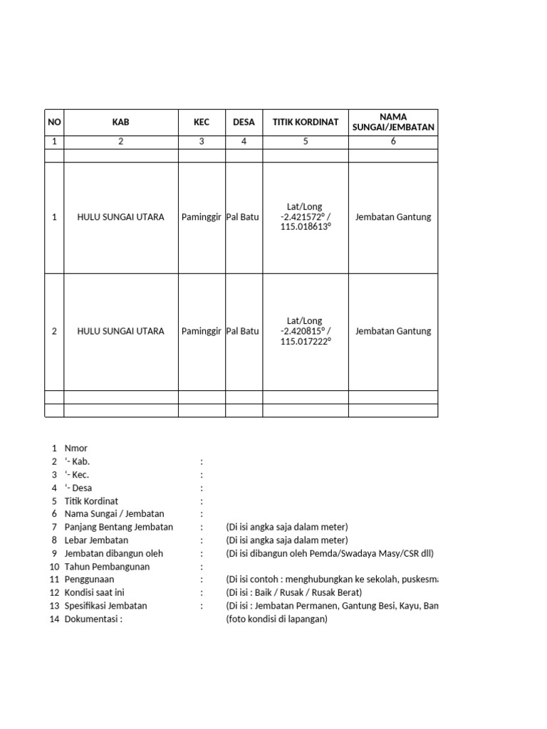 Form Pendataan Jembatan Desa Pal Batu | PDF