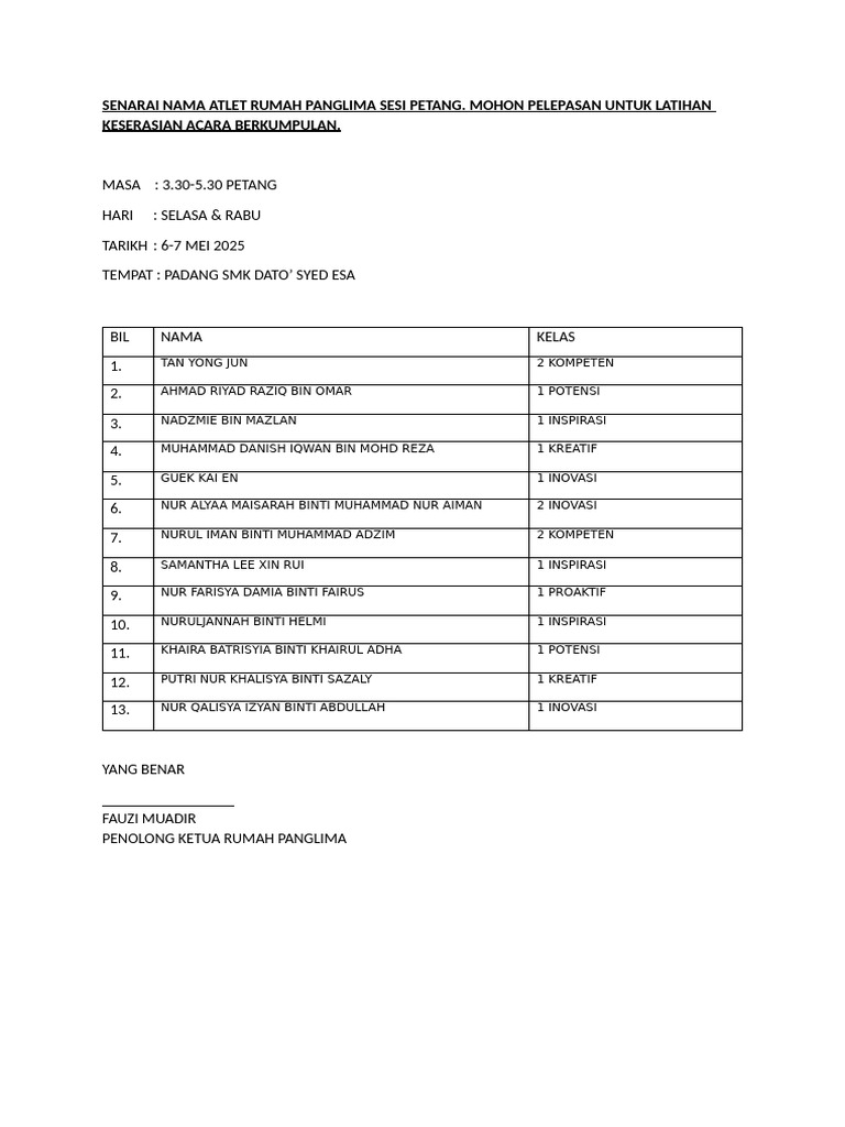 Senarai Atlet Rumah Panglima 2025 | PDF