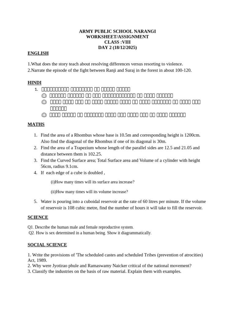 Class VIII Worksheet for Army Public School | PDF