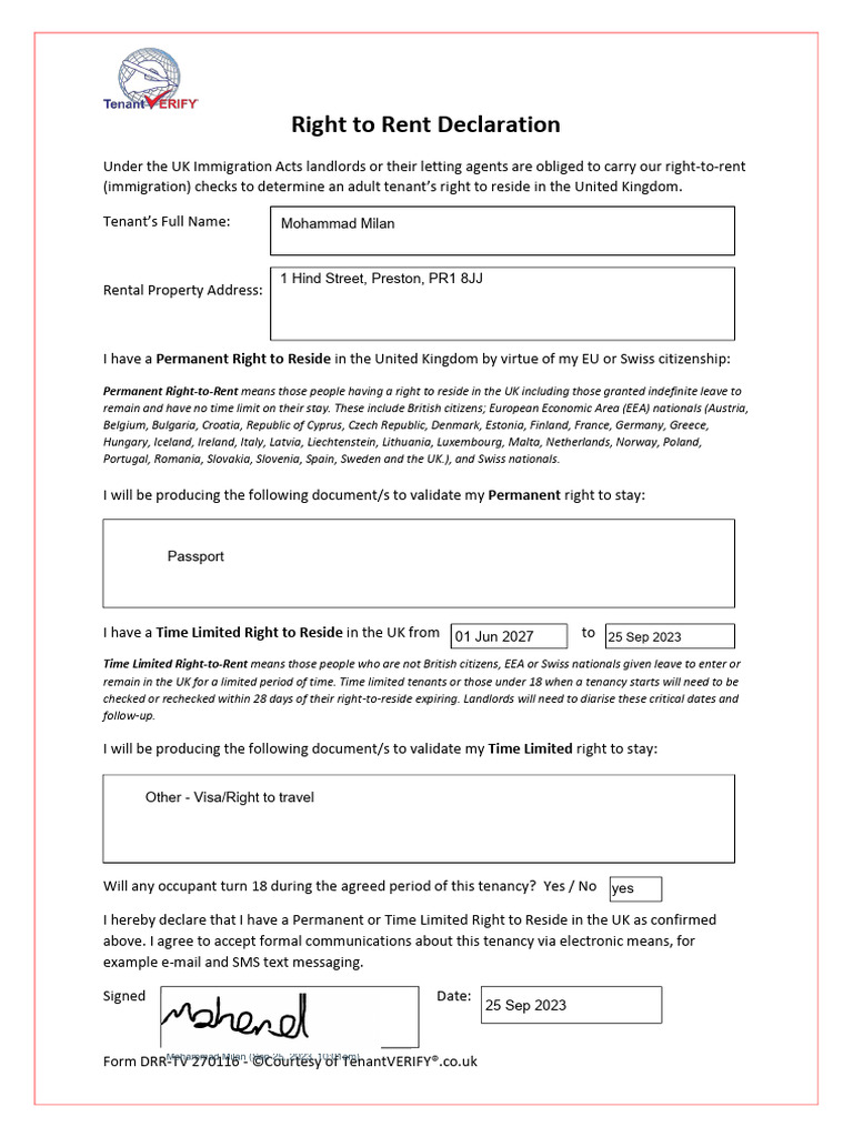 Right to Rent Declaration 2021 | PDF