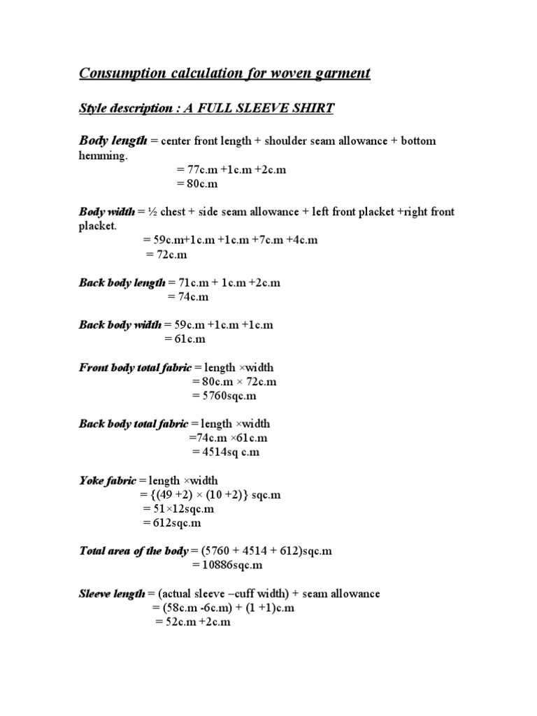 Woven Garment Fabric Consumption Guide | PDF | Seam (Sewing) | Shirt