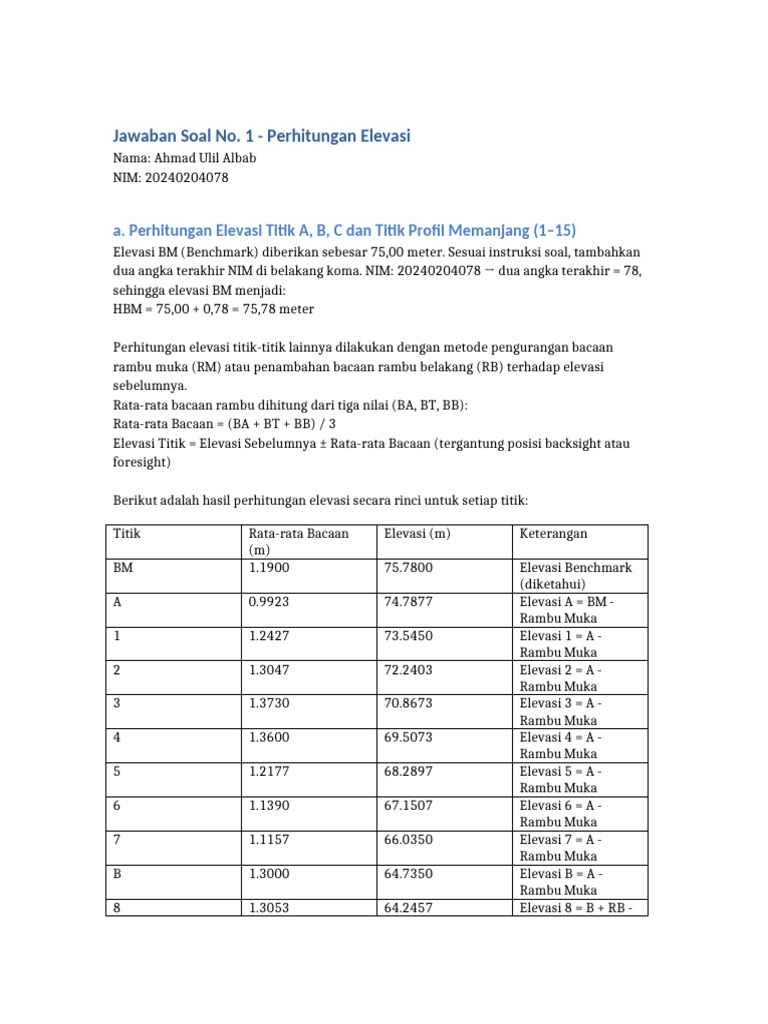 Perhitungan Elevasi Titik A, B, C | PDF