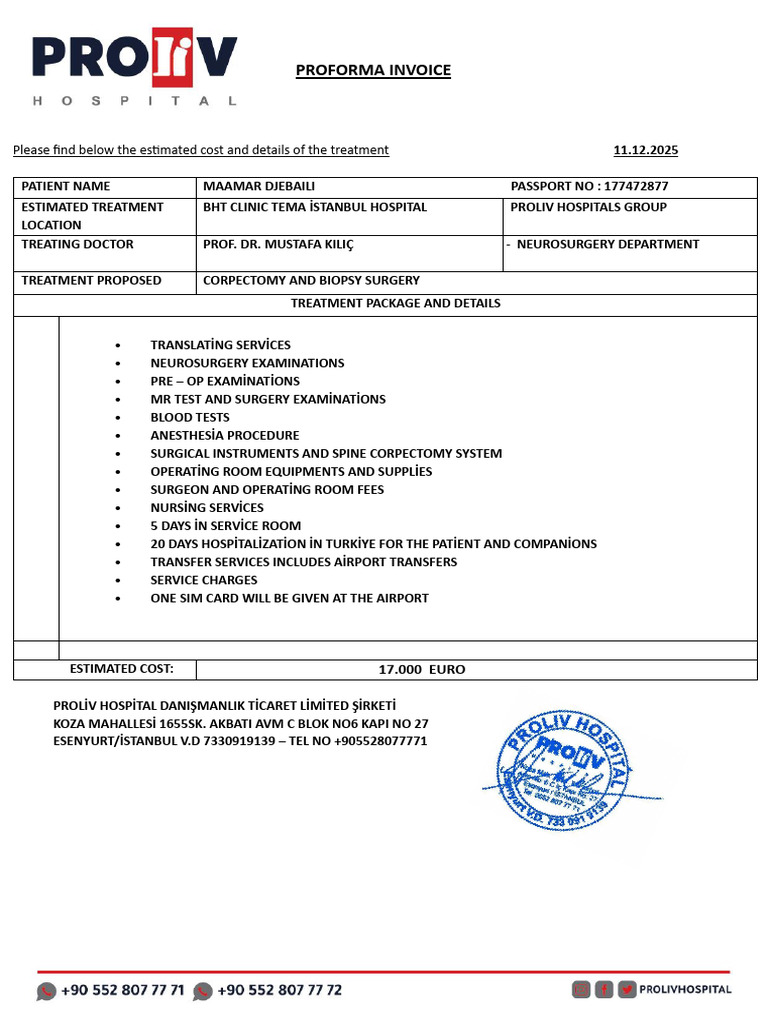 Proforma Invoice for Neurosurgery Treatment | PDF