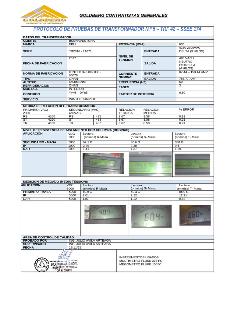Protocolo de Pruebas Transformador TRF 42 | PDF | Transformador ...