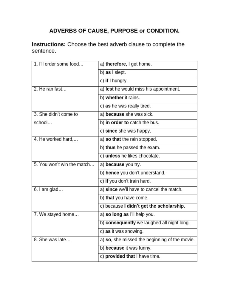 Adverbs of Cause, Purpose & Condition - Exercise | PDF