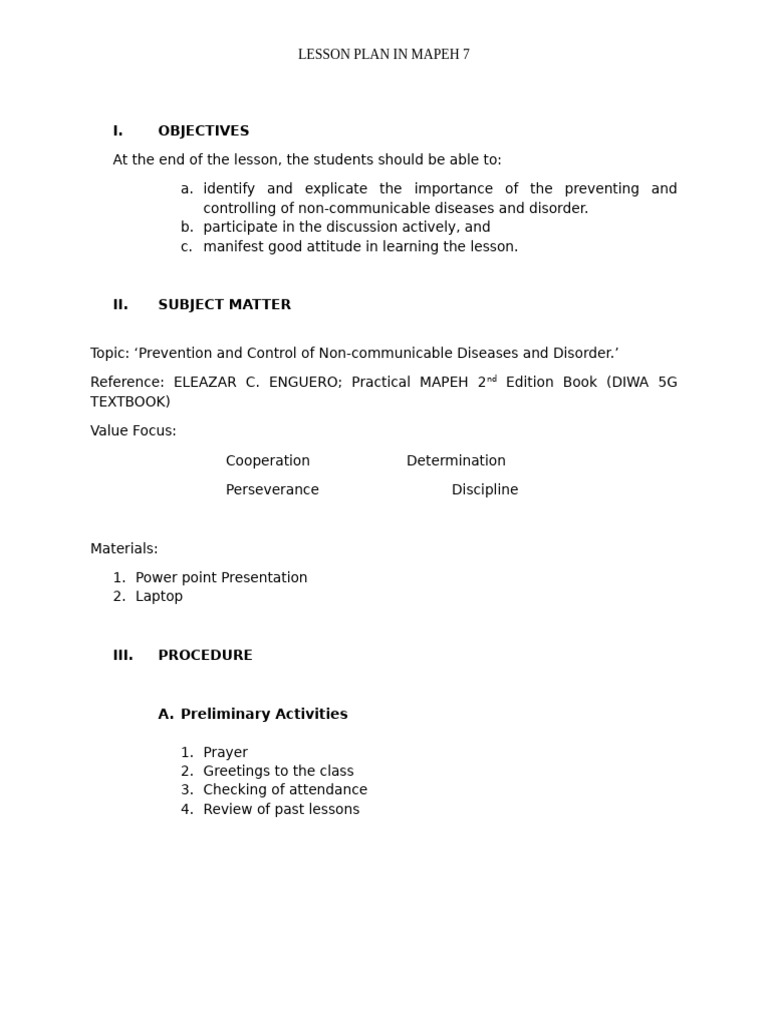 Lesson Plan Health Day1 | PDF | Non Communicable Disease | Medical ...