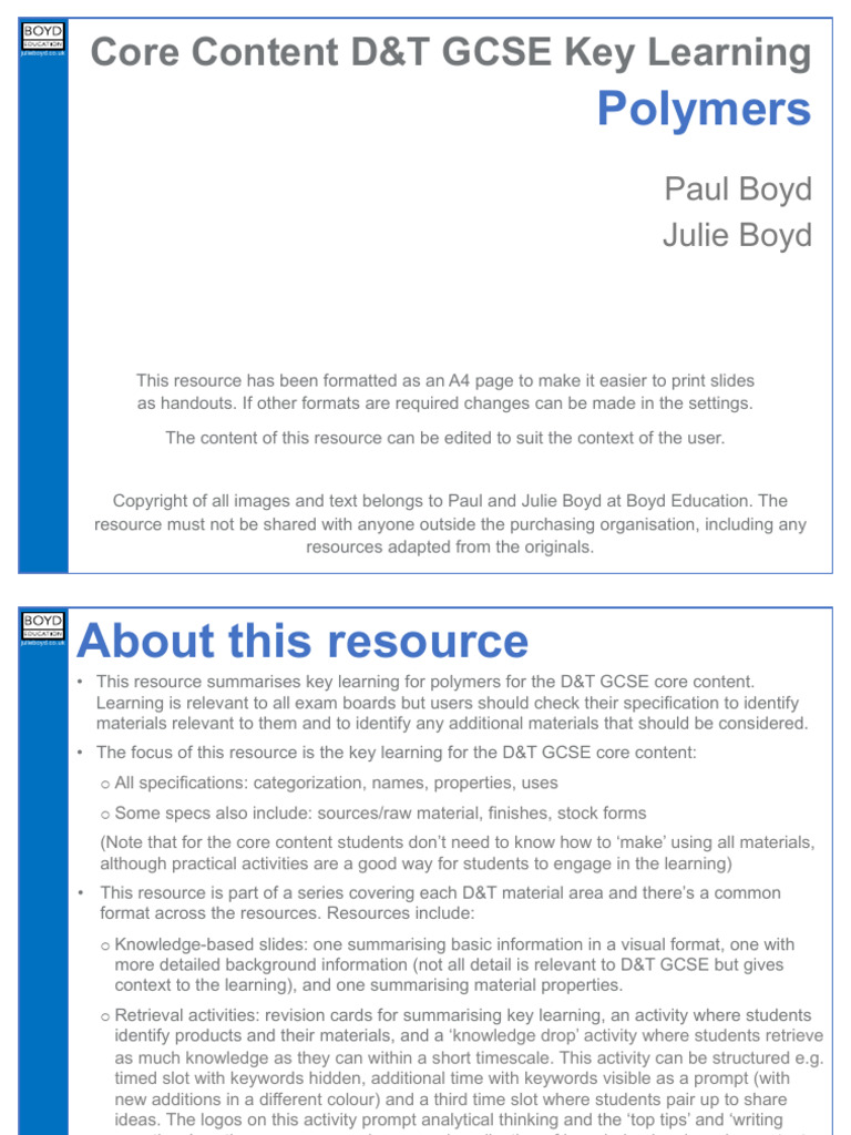 D&T GCSE Polymers Key Learning Guide | PDF | Plastic | Polymers