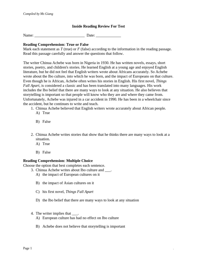 Chinua Achebe Reading Comprehension Test | PDF