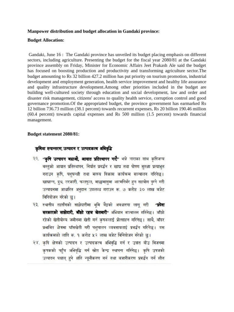 Manpower Distribution and Budget Allocation in Gandaki Provinc1 | PDF ...