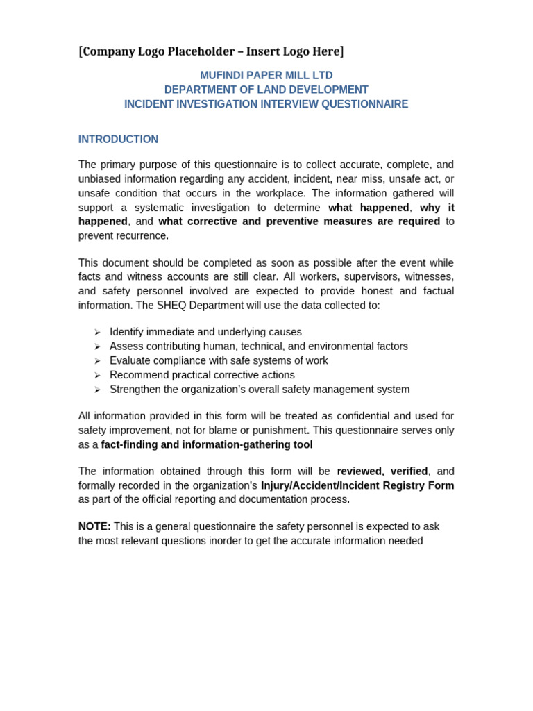 Incident Investigation Questionnaire Form | PDF | Occupational Safety ...