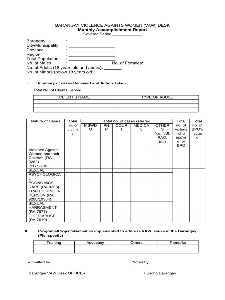 Barangay VAW Desk Monthly Report | PDF