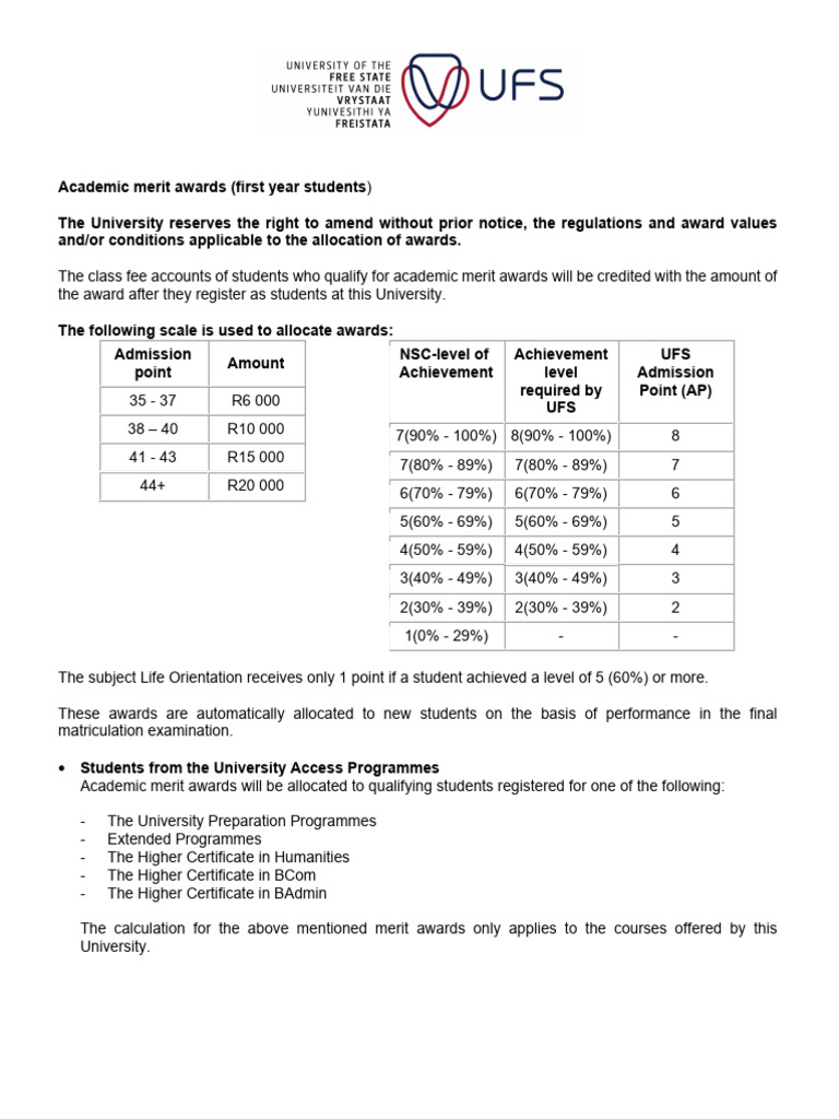 UFS First-Year Academic Merit Awards | PDF | Higher Education ...