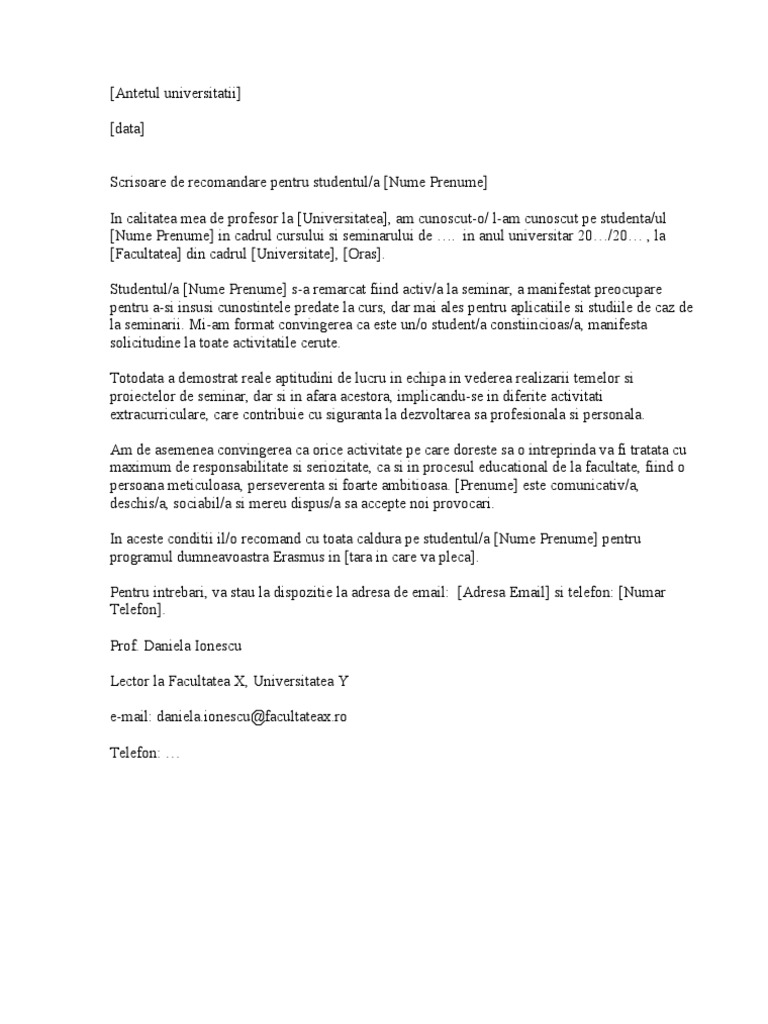 Model Scrisoare de Recomandare