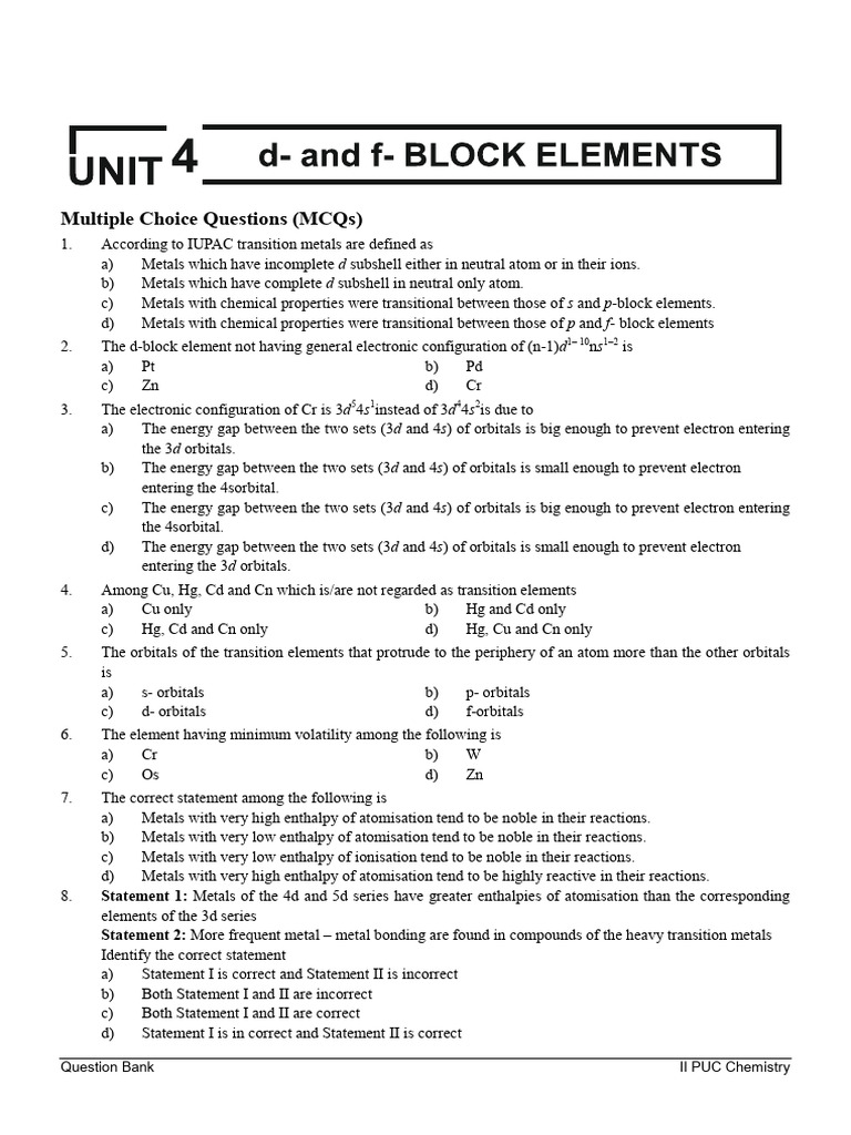 II PUC Chemistry MCQs on Transition Metals | PDF | Transition Metals ...