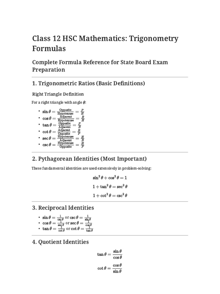 Class 12 HSC Trigonometry Formulas | PDF | Trigonometric Functions ...