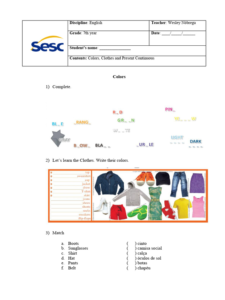 Colors and Clothes Learning Activity | PDF