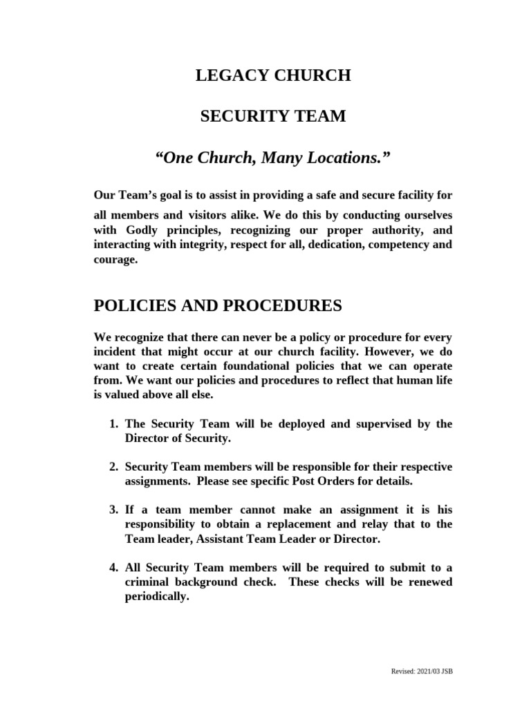 Legacy Church Security Team Policies | PDF | Use Of Force | Policy